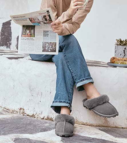 WaySoft Genuine Australian Sheepskin Women Slippers, Water-Resistant Warm and Fluffy Outdoor House Slippers for Women (7, Grey, numeric_7)
