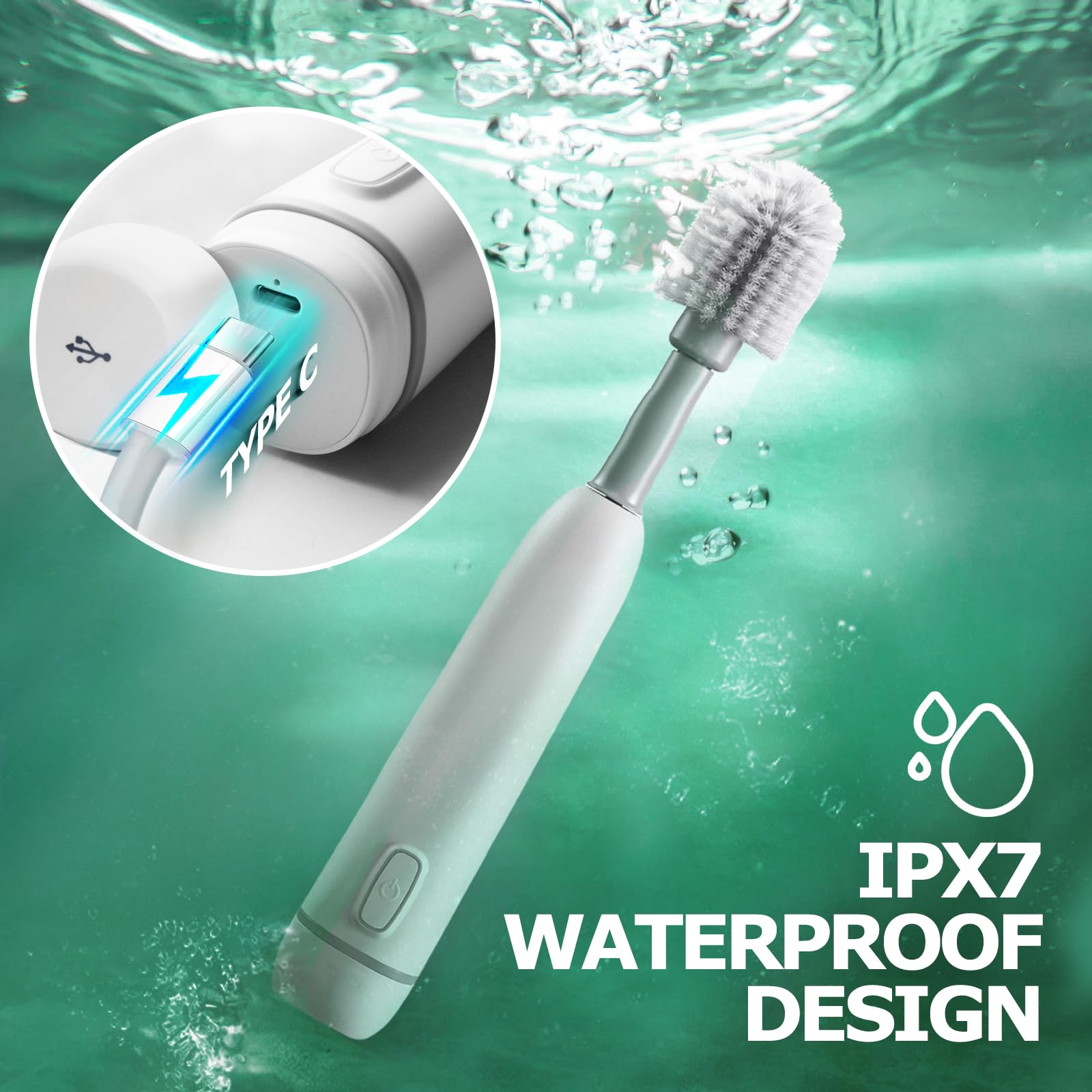 FORASTO Electric Bottle Brush, USB Rechargeable IPX7 Waterproof Water Bottle Cleaner Brush with 3 Straw Cleaner Brushes, Powerful Rotations Bottle Cleaner Brush, White