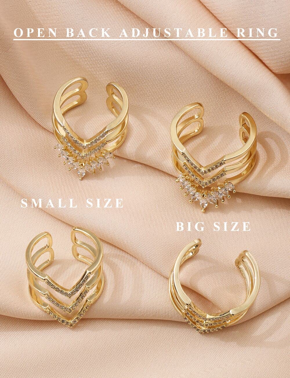 Gold Chevron Statement Rings for Women 14k Gold Plated Gold Pointed V Shaped Chunky Open Ring Marquise Crystal Cubic Zirconia Adjustable Rings