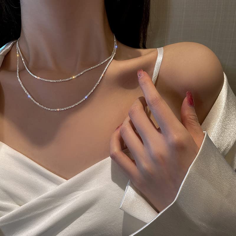 HEIMAXING Silver Sparkling Layered Necklaces For Women Clavicle Chain Choker Dainty Wedding Party Necklace (Two Layered Chain)