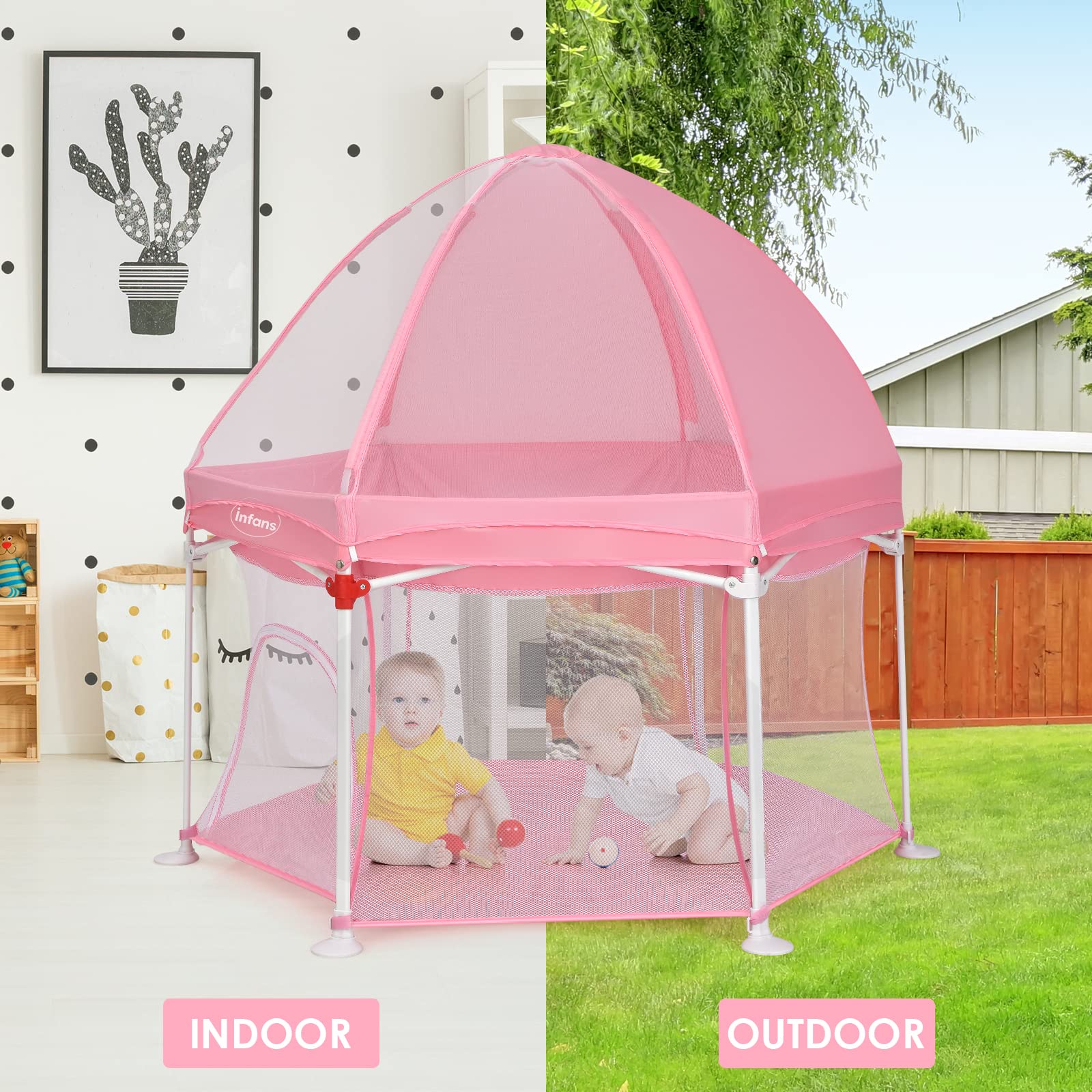 INFANS Baby Playpen with Removable Mesh & UV Canopy, 53" Portable Playhouse with Carry Bag, Dome, Padded Floor, Easy Folding Playard Activity Center (Light Pink)