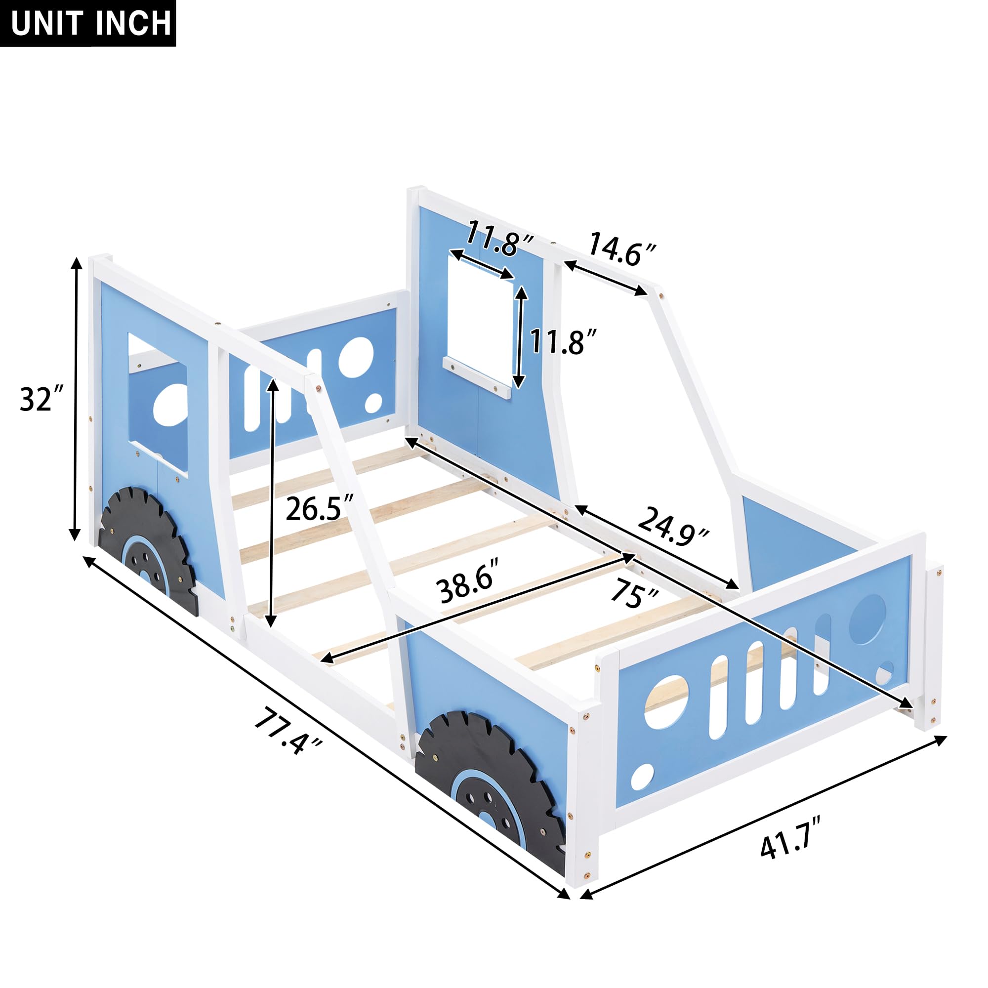 Twin Size Car Bed, Wood Floor Bed Frame with Headboard & Footboard and 4 Side Rails, Kids Racecar Bed for Boys Girls Teens, Blue