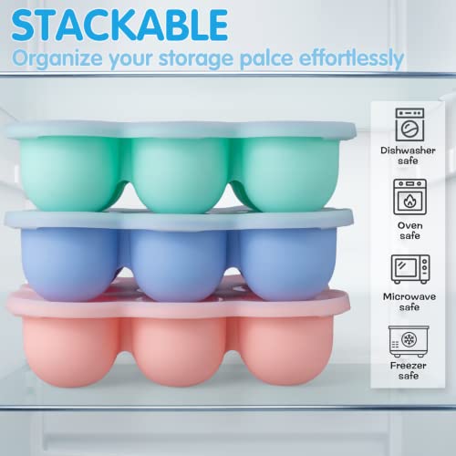 Wellrise 3 Pack Baby Food Storage Containers with Lid and Spoon Reusable Silicone Baby Food Freezer Tray 9 Cup 2.6 oz Stackable Mold Baby Feeding Set for Food Vegetable Fruit Puree and Breastmilk