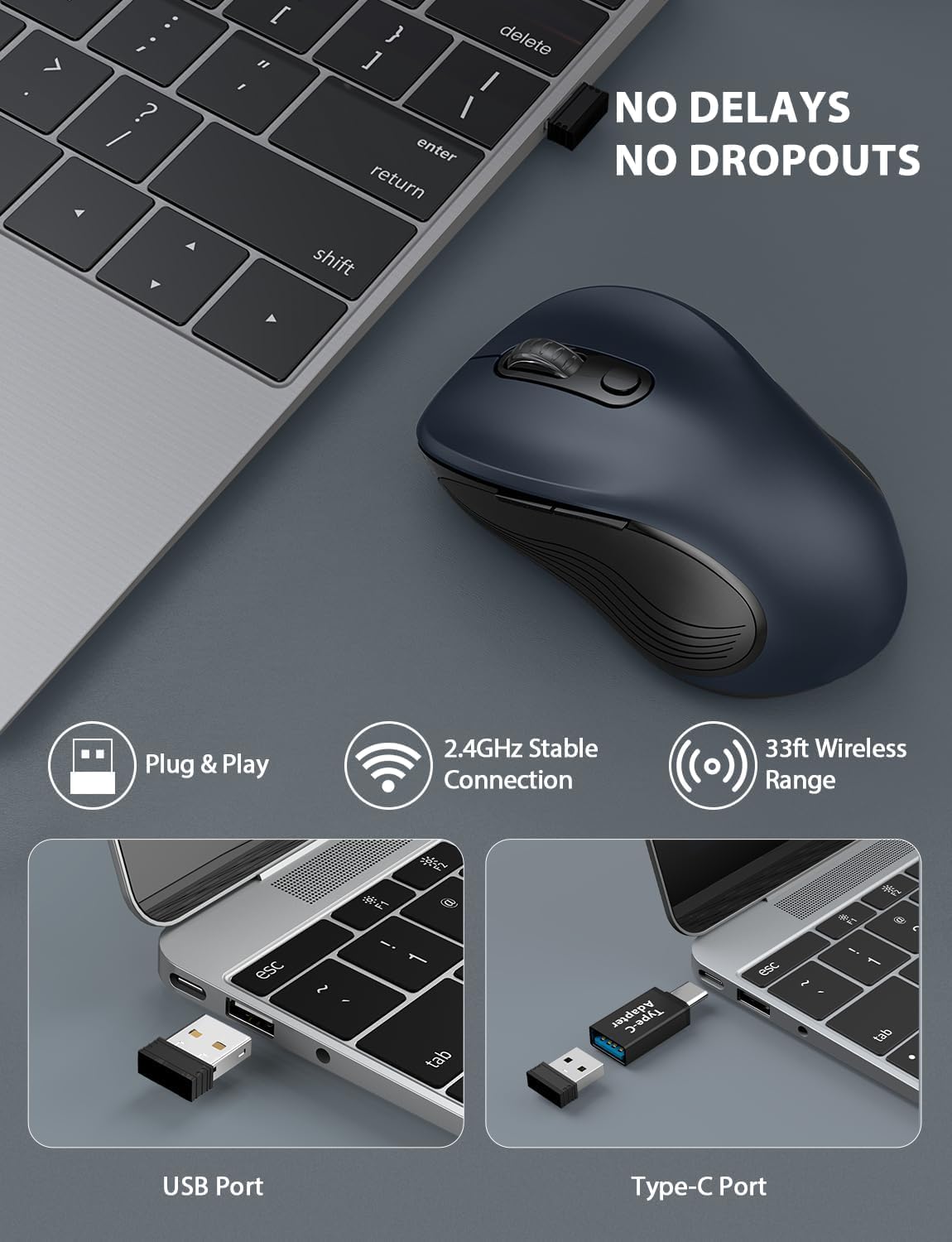 Trueque Wireless Mouse for Laptop, 2.4GHz Ergonomic Computer Mouse with Back & Forward Buttons, 3 Levels Tracking Speed, 6 Buttons, Optical USB Cordless Mice for Windows Chromebook MacBook PC (Gray)