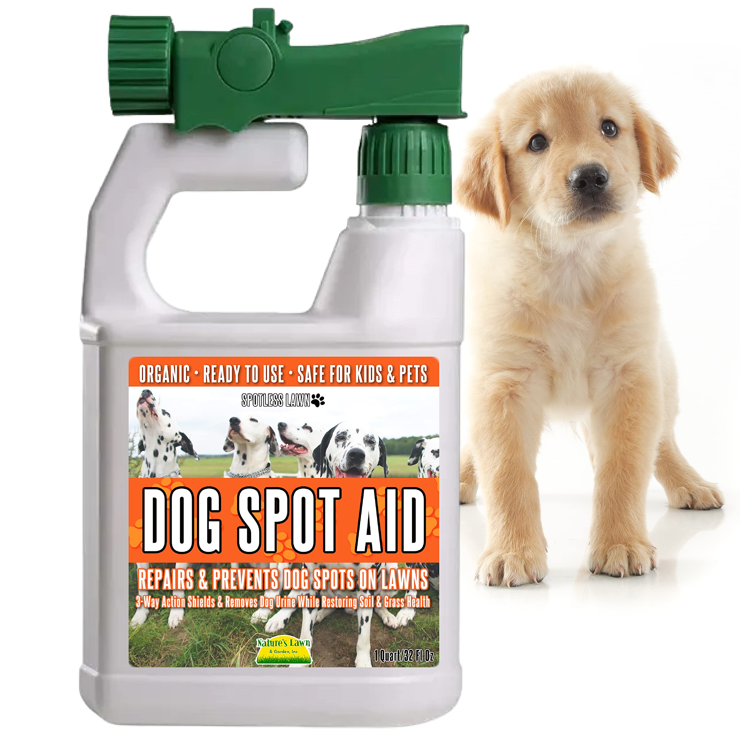 Natureās Lawn & Garden - Spotless Lawn Dog Spot Aid - Revive and Protect Your Lawn from Dog Urine Burn - Remediate Spills and Road Salt Damage - Pet Safe - 1 Qt w/ Hose-end Sprayer