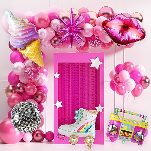 Pink Balloon Garland Arch Kit Hot Pink Rose Gold Metallic Balloons Silver Disco Roller Skate Radio Ice Cream Balloon for Girl's Birthday Party Decorations Pink Princess Doll Theme Party Supplies