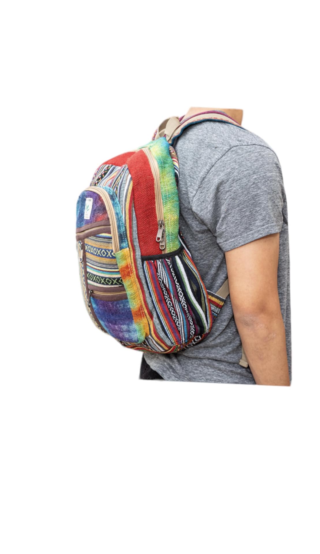 Hemp Backpack | 100% Pure Hemp - All Natural Handmade Multi Pocket Large Laptop Backpack | Travel Backpack - for Women and Men | Laptop Sleeve -Water Bottle Pockets | Boho Hippie - Rainbow