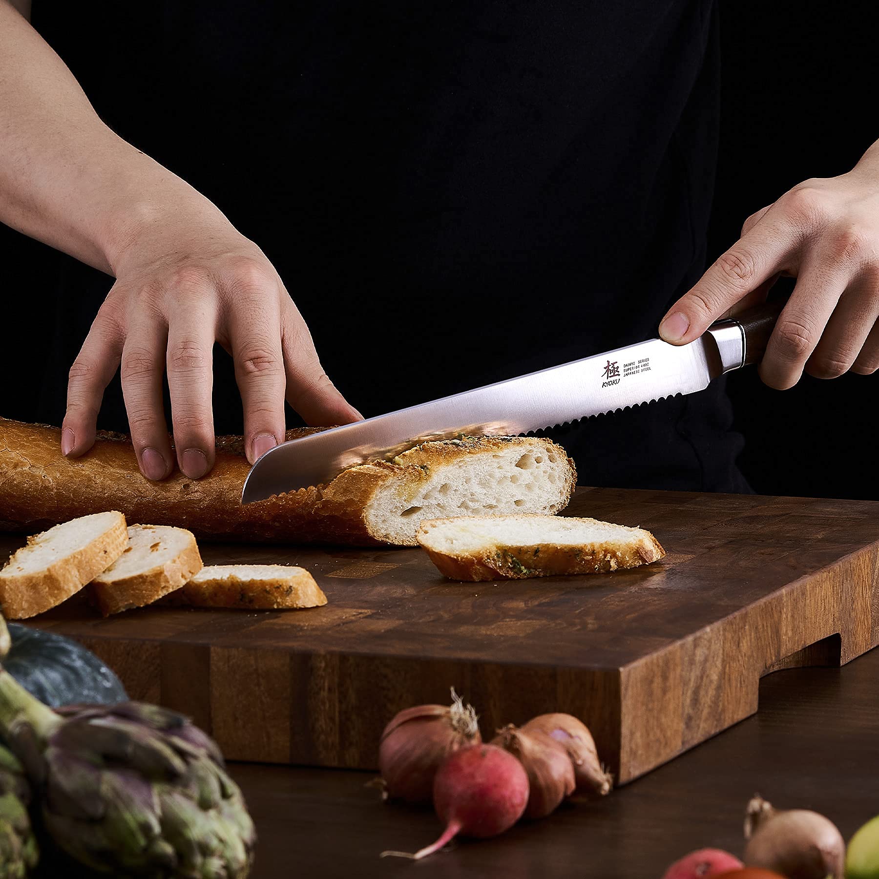 KYOKU Daimyo Series 7" Nakiri Knife + 10'' Bread Knife - Japanese 440C Stainless Steel - Rosewood Handle