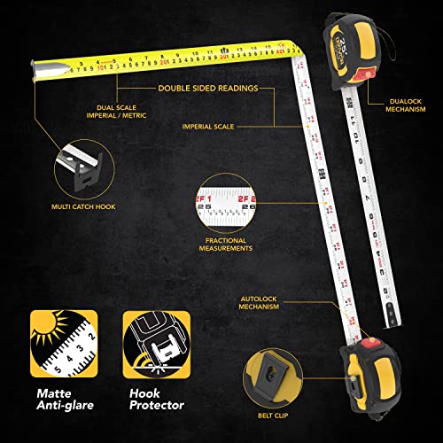 LEXIVON [2-Pack] 25Ft/7.5m Tape Measure, DuaLock & AutoLock | 1-Inch Wide Blade with Nylon Coating, Matt Finish White & Yellow Dual Sided Rule Print | Ft/Inch/Fractions/Metric (LX-204)