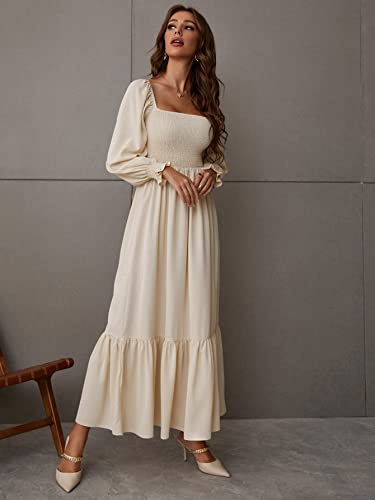WDIRARA Women's Square Neck Flounce Shirred Ruffle Hem Elegant Long Sleeve Maxi Dress Apricot L