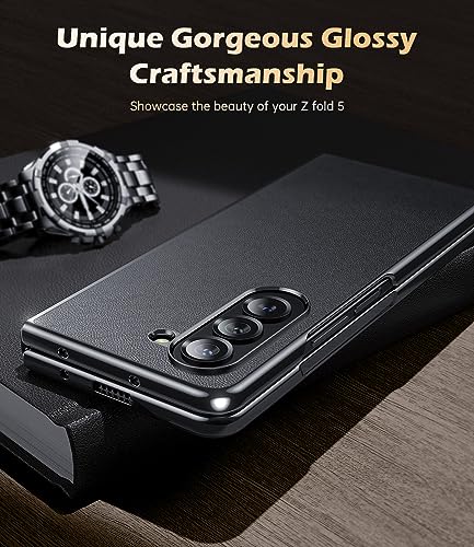 Waldeng 3-in-1 for Samsung Galaxy Z Fold 5 Case, [Omni-Directional Protection] [Metallic Glossy Bumper] Fascinating Touch Silm Fit Stylish Leather 5g Case for Galaxy Z Fold 5 Phantom Black