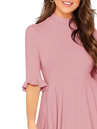 Verdusa Women's Elegant Ribbed Knit Bell Sleeve Fit and Flare Midi Dress Pink L