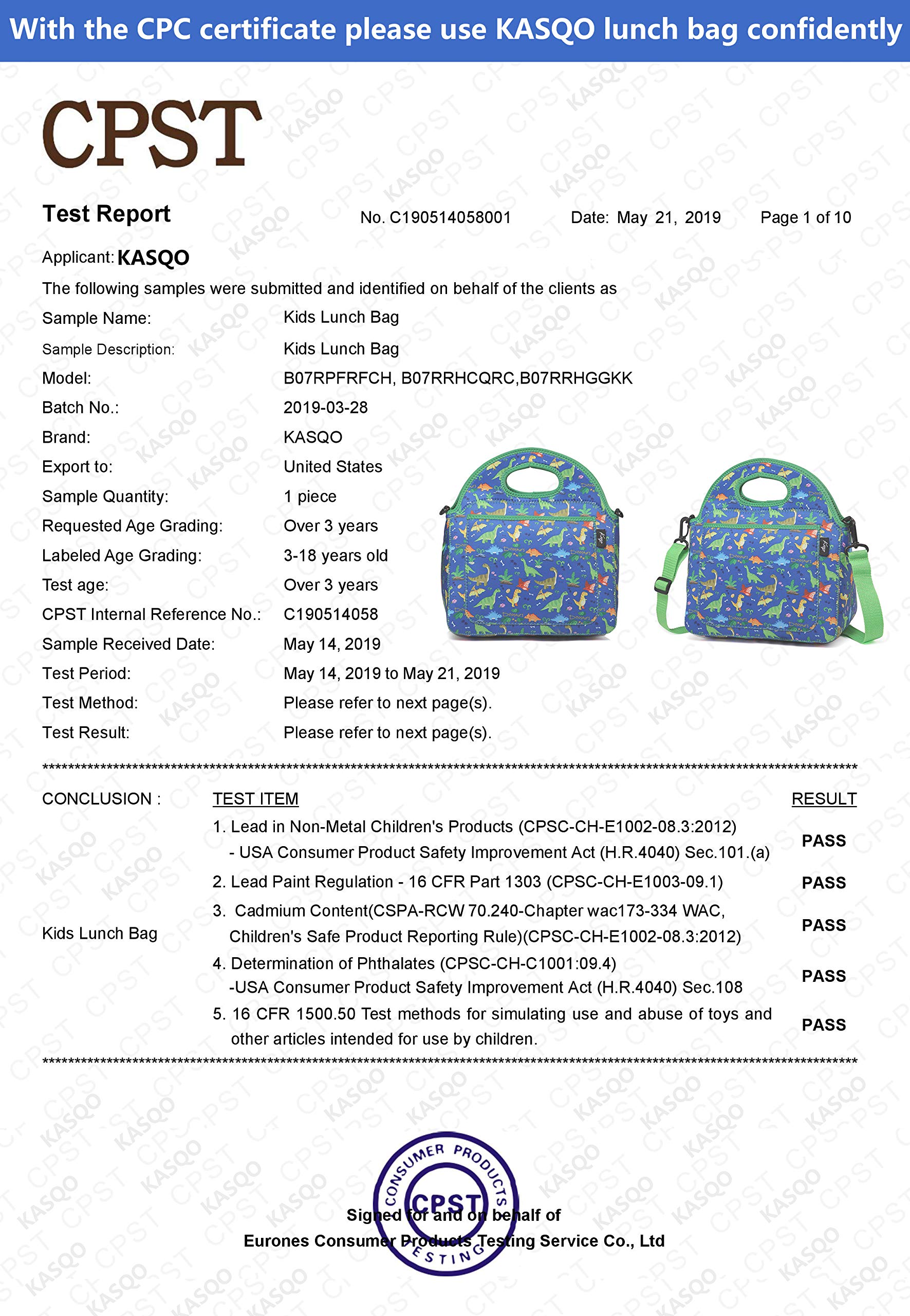 Kasqo Lunch Bag for Kids, Neoprene Insulated Boys Lunch Boxes Childrenās Lunch Tote with Front Pocket and Detachable Adjustable Shoulder Strap in Cute Dinosaur