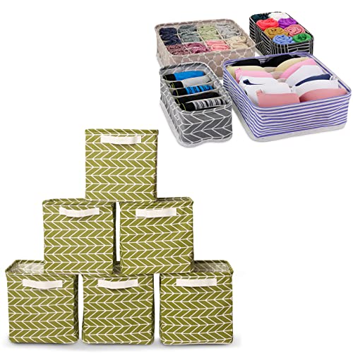 EZOWare 6 Pcs Green Pattern Collapsible Linen Canvas Fabric Cube Storage Bin Baskets + 4 Closet Wardrobe Dresser Drawer Organizer Divider For Organizing Nursery Baby Clothes