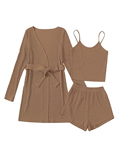 Verdusa Women's 3 Piece Cami Top & Shorts Lounge Sleepwear Pajama Set with Robe Mocha Brown S