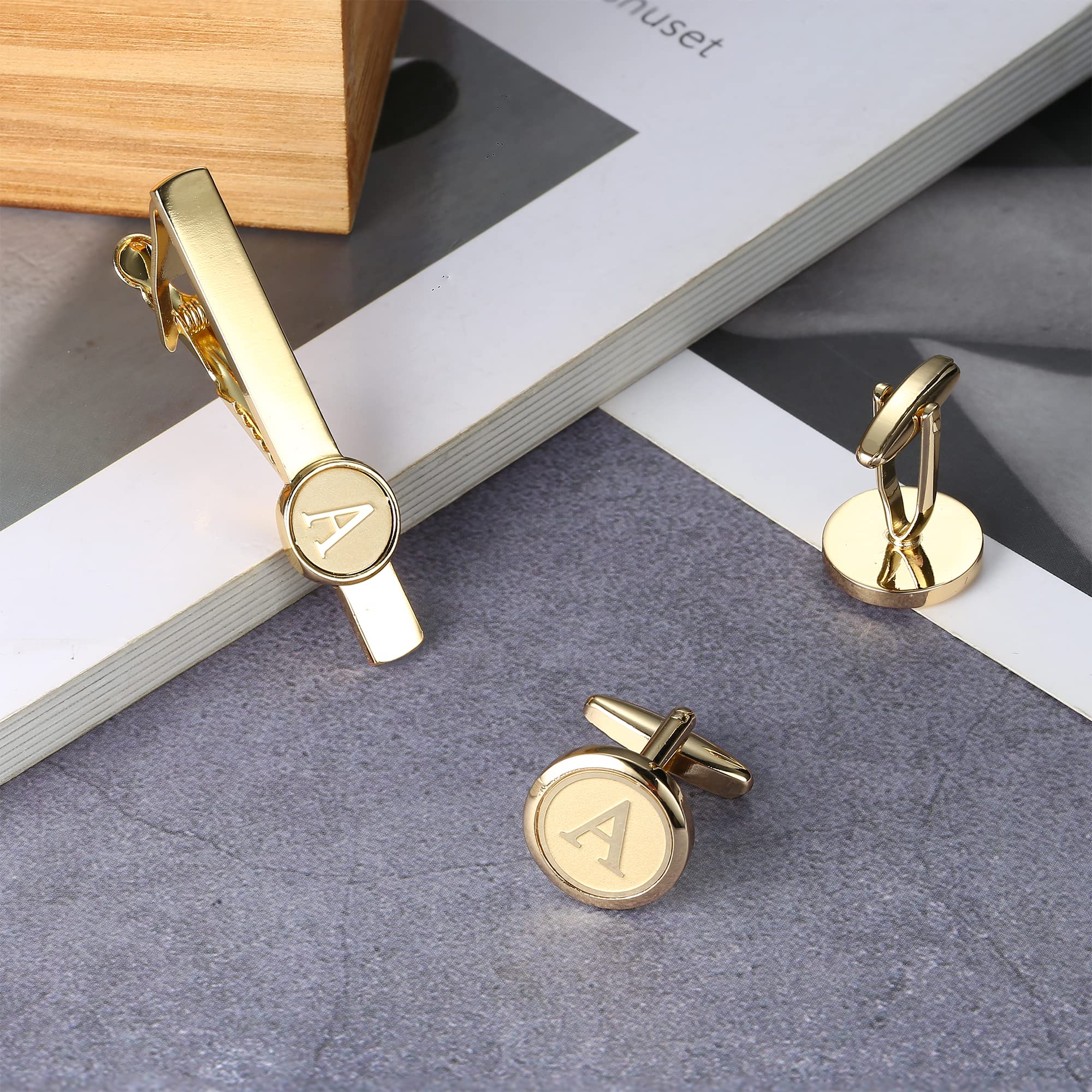 Helicopchain Initial Cufflinks and Tie Clips Set for Men Personalized Shirt Gold Cuff Links and Tie Bar Alphabet Letter P with Gift Box for Wedding Business Groom Husband