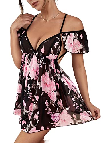 Verdusa Women's Casual Sleepwears Floral Print Cold Shoulder Crisscross Backless Spaghetti Strap Chiffon Nightdress Multicolor M