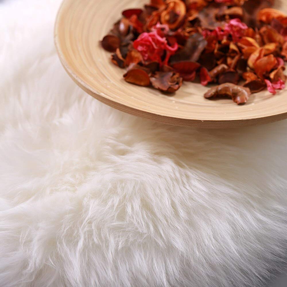 Genuine Round Sheepskin Chair Pad Long Wool Stool Seat Cushion Soft Fluffy Area Rug for Living Room Bedroom Office (16 x 16 in,White)