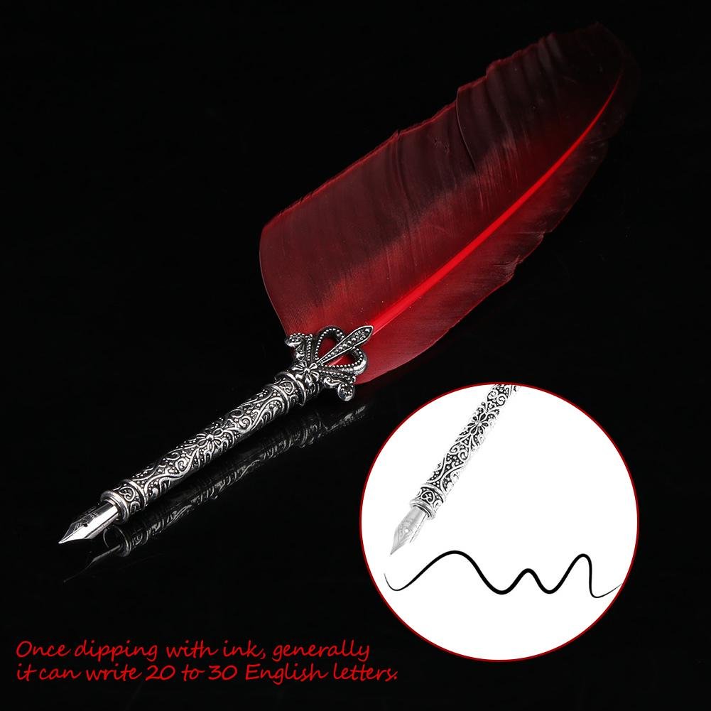Feather Quill Pen,Antique Calligraphy Feather Dip Quill Pen with Ink Set,5 Replacement Nibs,Fluent in writing(Red)