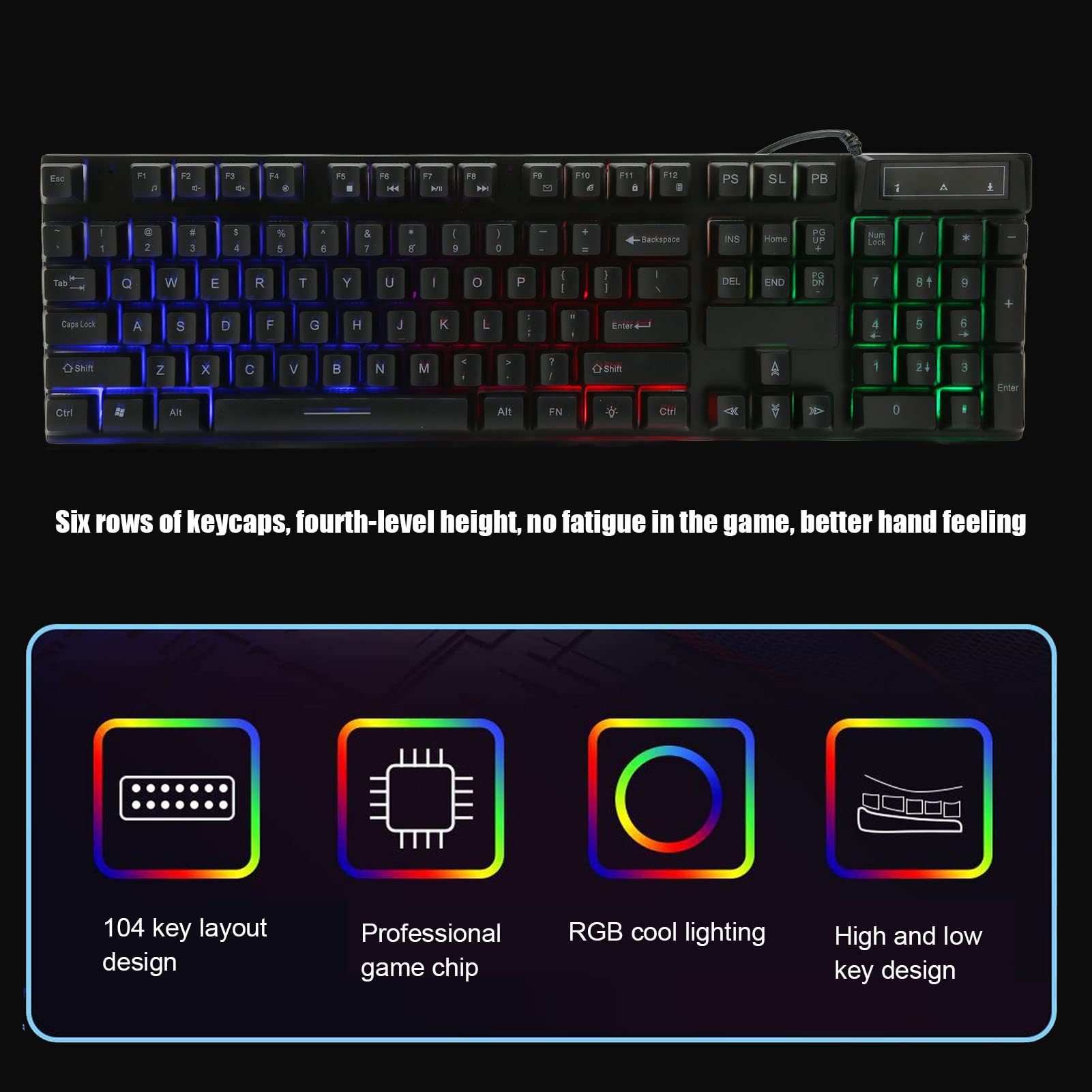 USB Gaming Keyboard, Quick Response Backlit Keyboard 104 Keys Wired One Piece Design High and Low Key Design RGB Lighting Effect for Gaming for Office for Home(H600 black characters-single keyboard)