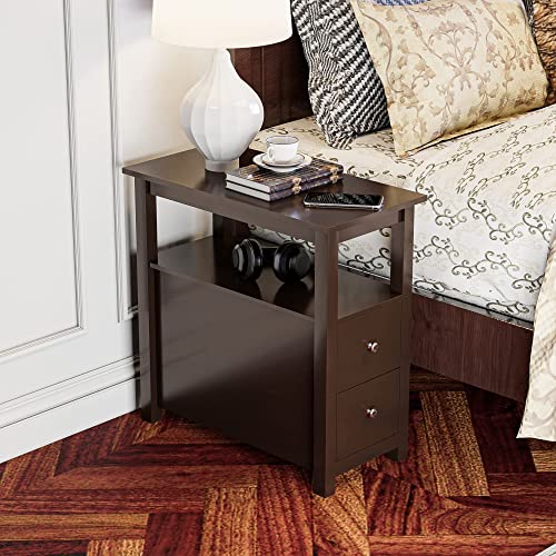 ZENY Narrow End Table Side Table with Drawer and Open Shelf Sofa Table for Living Room Bedroom, Small Table for Bedside, Espresso