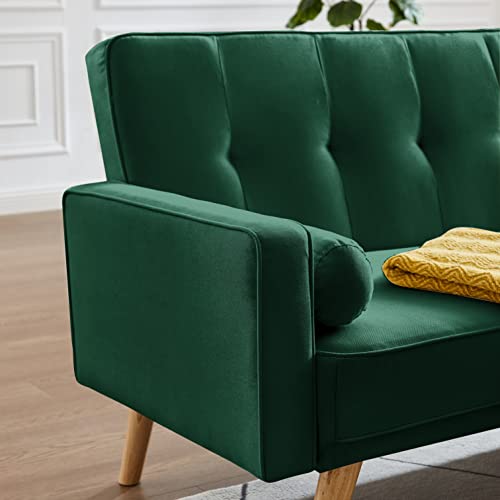 Verfur Button Tufted Futon Sofa Bed,Fabric Upholstered Convertible Loveseat Couch,Soft Small Sofa & Couches for Compact Living Space Sofabed, Green w/ 4 Wooden Legs and 1 Metal Legs