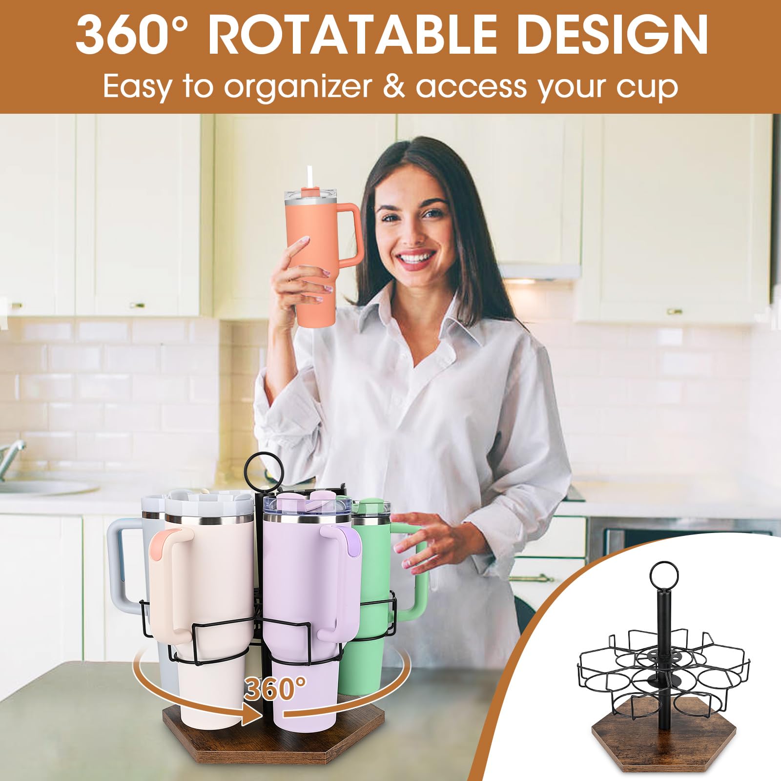 Stanley Cup Holder for Tumbler With Handle, 360° Rotating Stanley Cup Organizer Water Bottle Storage 20/30/40oz Kitchen, Hexagonal Spinning Tumblers Organizer Countertop Cabinet 6 Slots Mugs Turn Rack