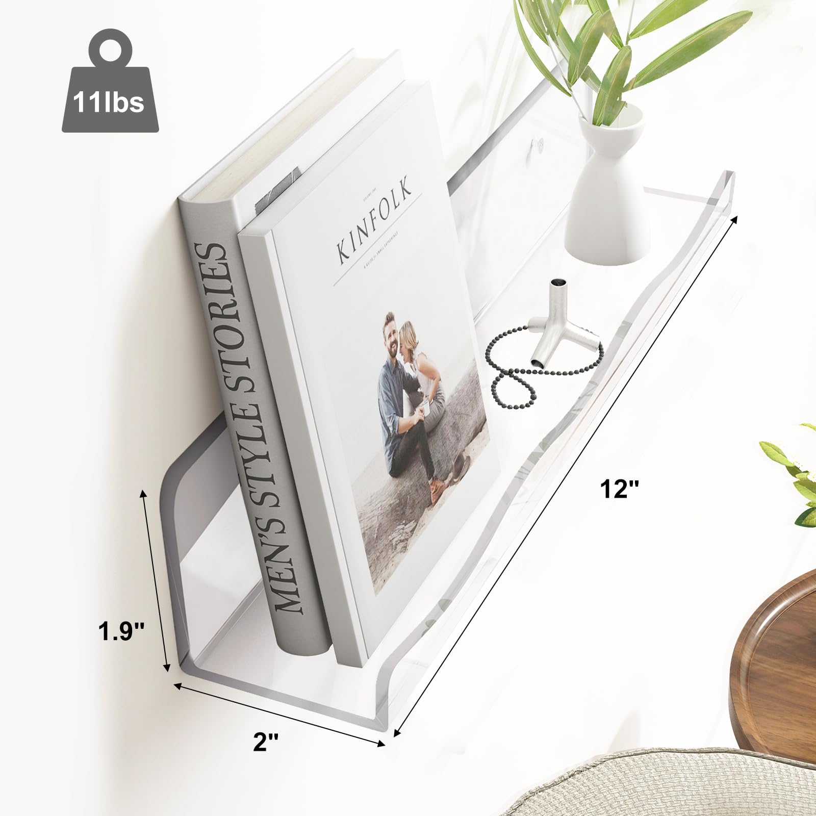 Fixwal Acrylic Clear Floating Shelves for Wall, Vinyl Record Shelf Wall Mount Set of 4, 12in Wavy Clear Acrylic Record Holder Bookshelf Display, Wall Decor for Living Room (Clear)