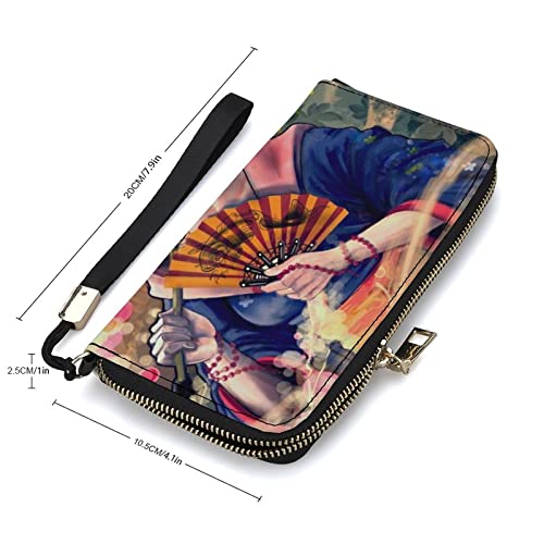 FunnyStar Beautiful Japanese Geisha Women's Long RFID Hand Wallet Wristlet Clutch Purse PU Leather Handbag with Wrist Strap