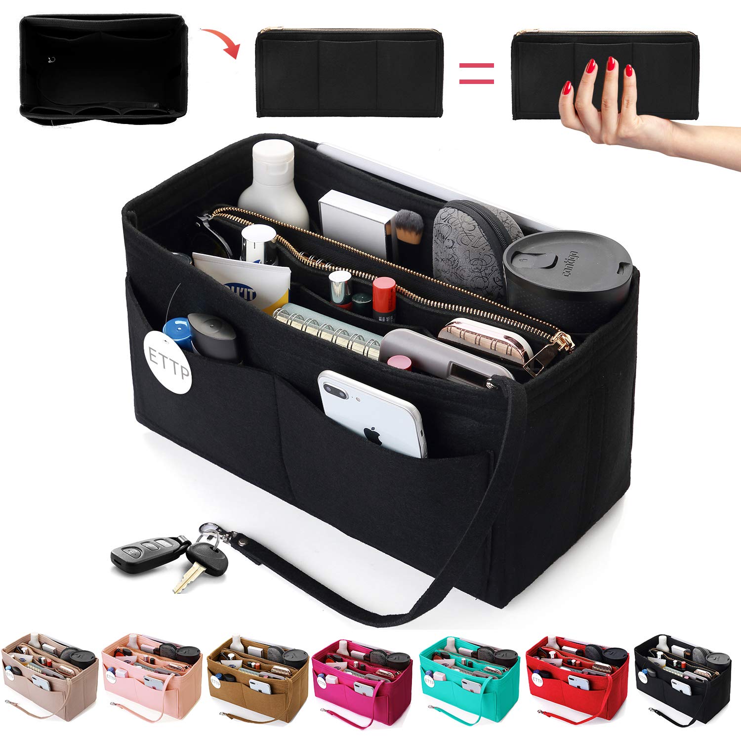 ETTP Purse Organizer Insert, Felt Tote Organizer Insert With Metal Zipper, Handbag Organizer For Speedy, Neverfull, Tote, Handbag, 7 Colors 5 Sizes (X-Large, Black)