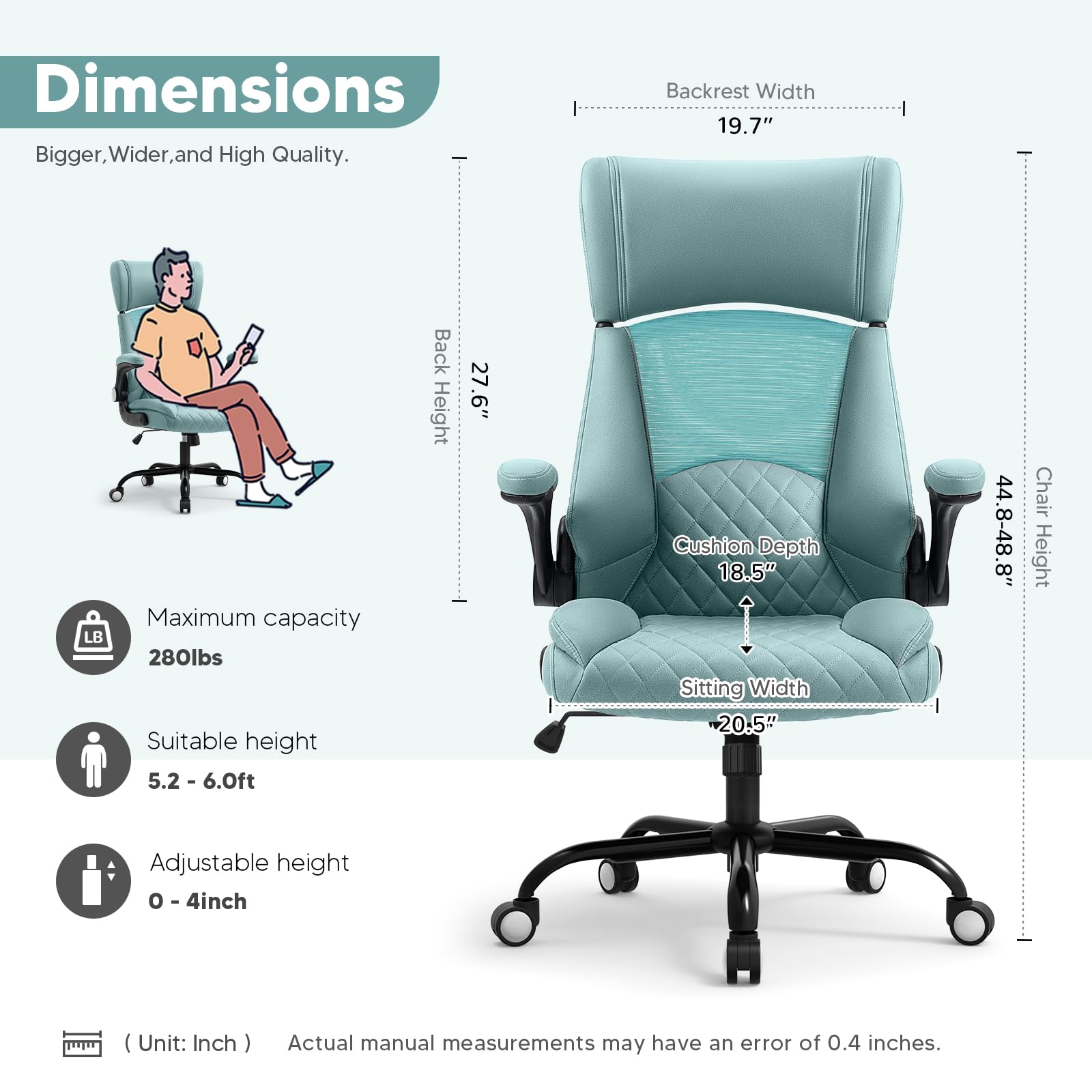 SEATZONE Home Office Desk Chairs with Wide Headrest, Rolling Desk Chair with Wheels and Flip-up Armrest, Computer Chairs Adjustable Backward Tilt, Teal Leathaire