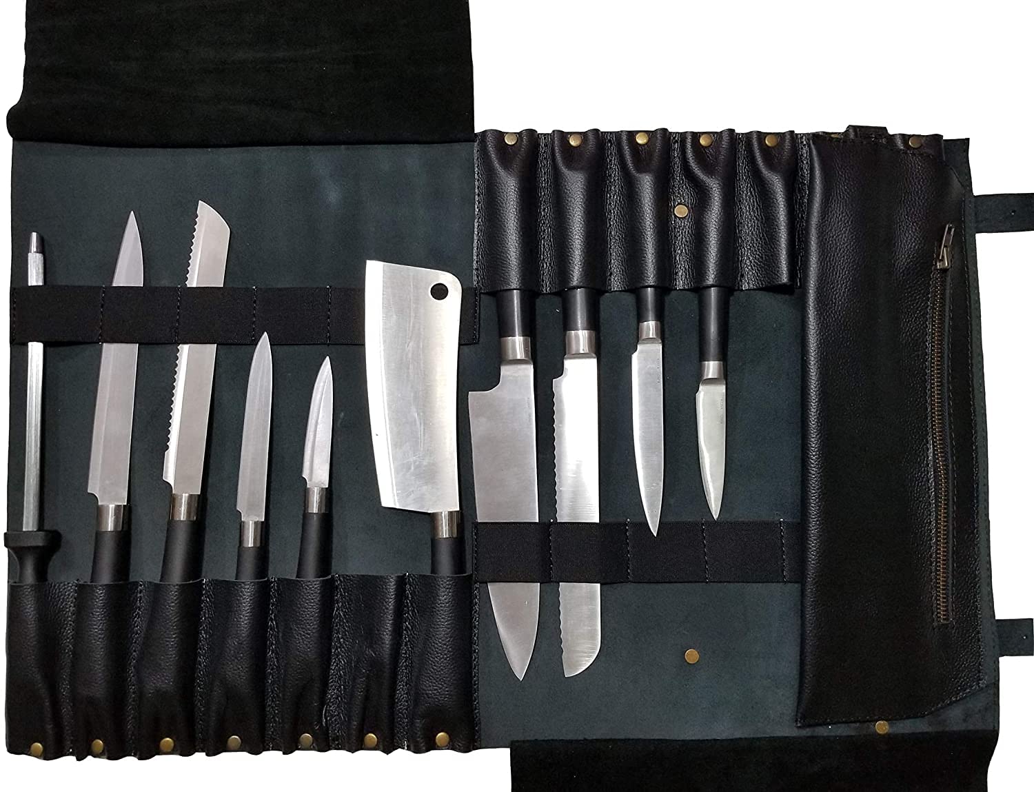 Heritage Handikrafts Genuine Lightweight Premium Leather Professional Black Chef Knife Bag/Chef Knife Roll 14 Slots Space
