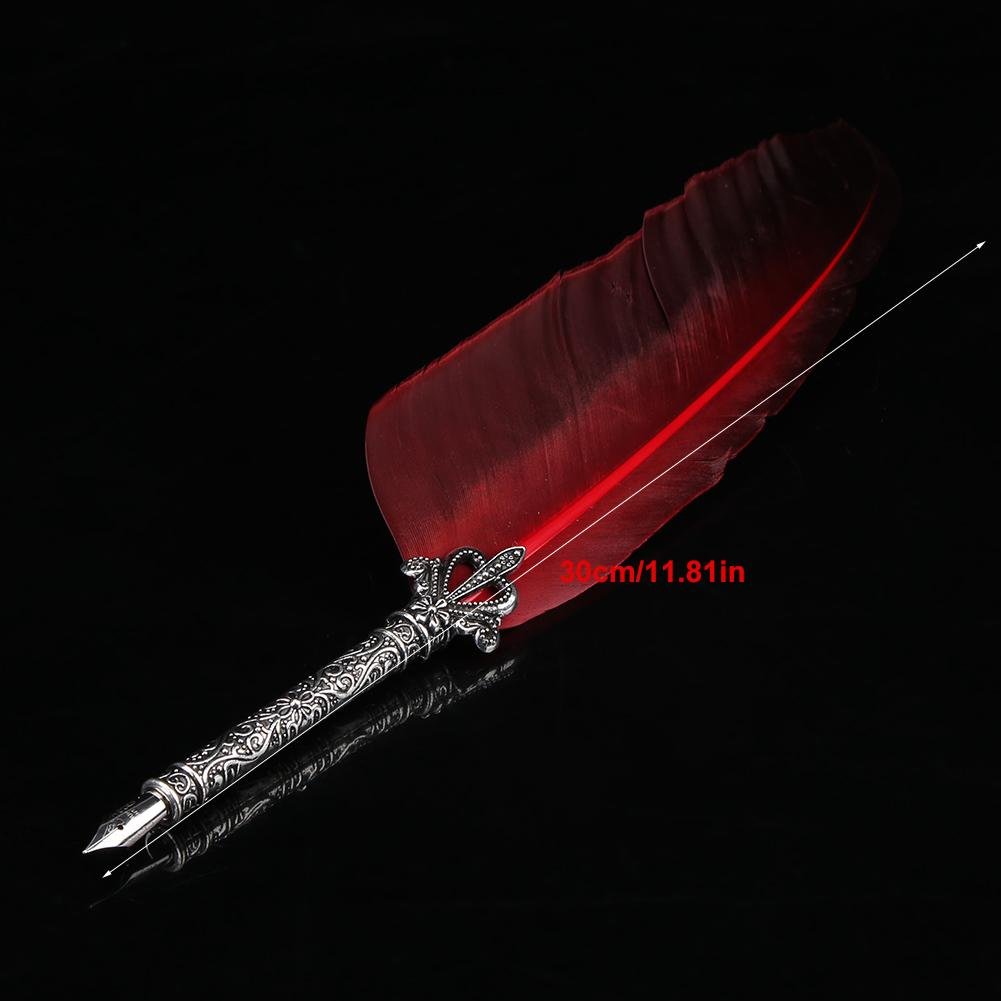 Feather Quill Pen,Antique Calligraphy Feather Dip Quill Pen with Ink Set,5 Replacement Nibs,Fluent in writing(Red)