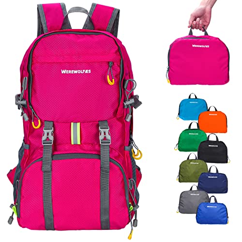 WEREWOLVES Lightweight Waterproof Foldable Small Backpack - Water Resistant Hiking Daypack for Outdoor Camping Travel (35L, Fuschia)
