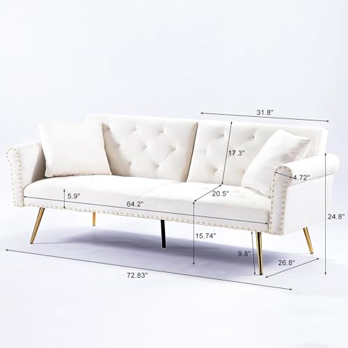 ERYE Beige Velvet with 2 Pillows 5 Legs Nailhead Decor