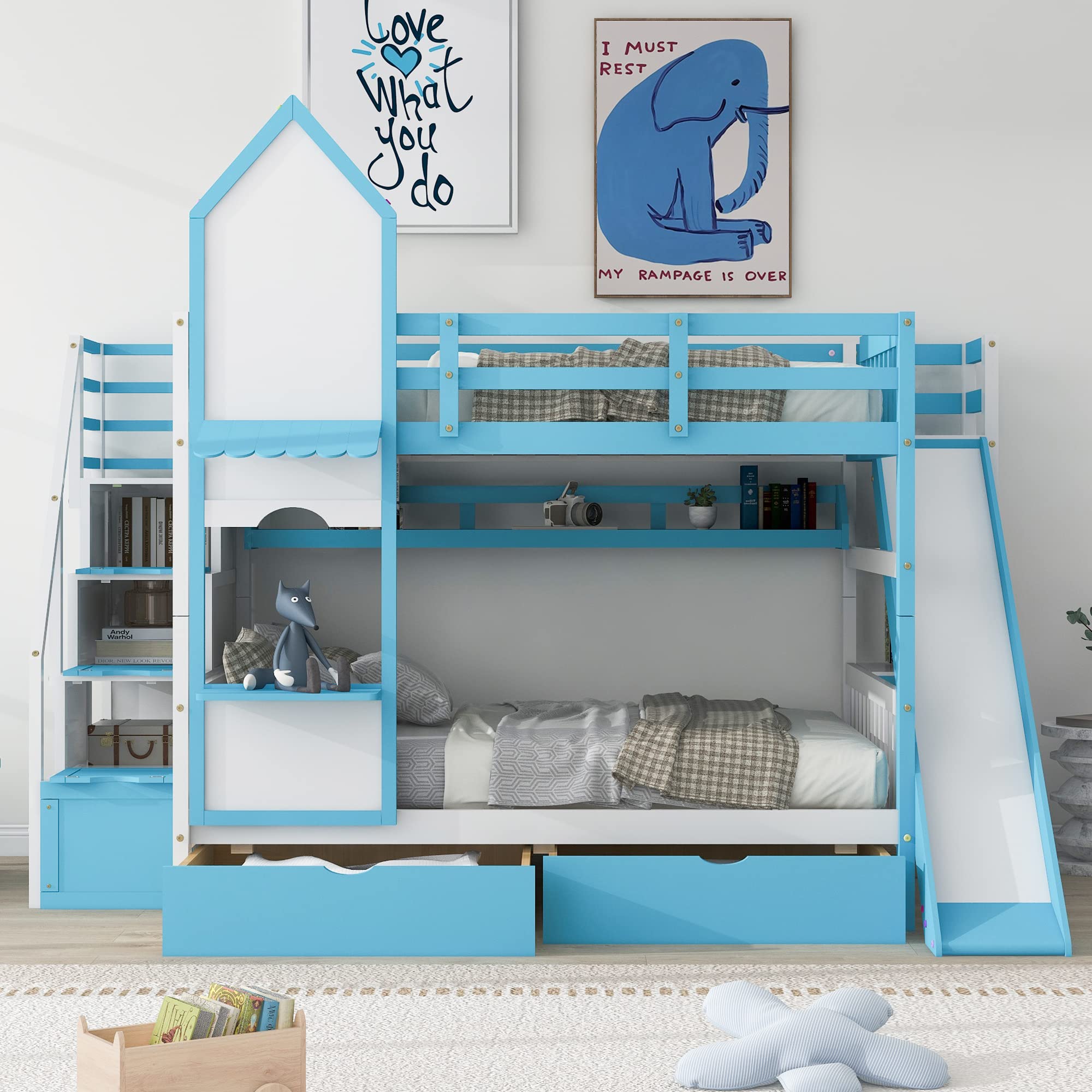 ERYE Queen Size Tufted Upholstered Platform Bed Frame with Four Storage Drawers, Metal Framework Bedframe with Button Tufted Headboard and Footboard,Sturdy Wood Slat Support, No Box Spring Required