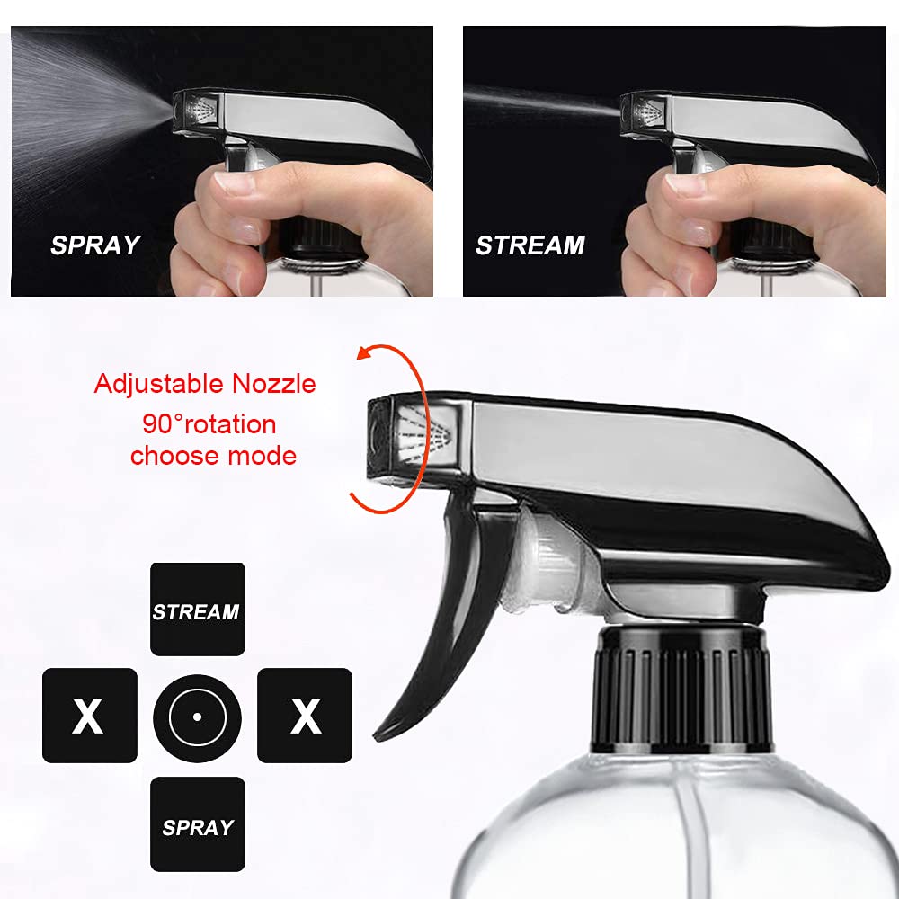 Empty Plastic Spray Bottles (2 Pack, 16.9 Oz) Clear Spray Bottle Refillable Containers Durable Adjustable Black Trigger Sprayer from Fine Mist to Stream for Hair Cleaning Solutions Gardening Plant