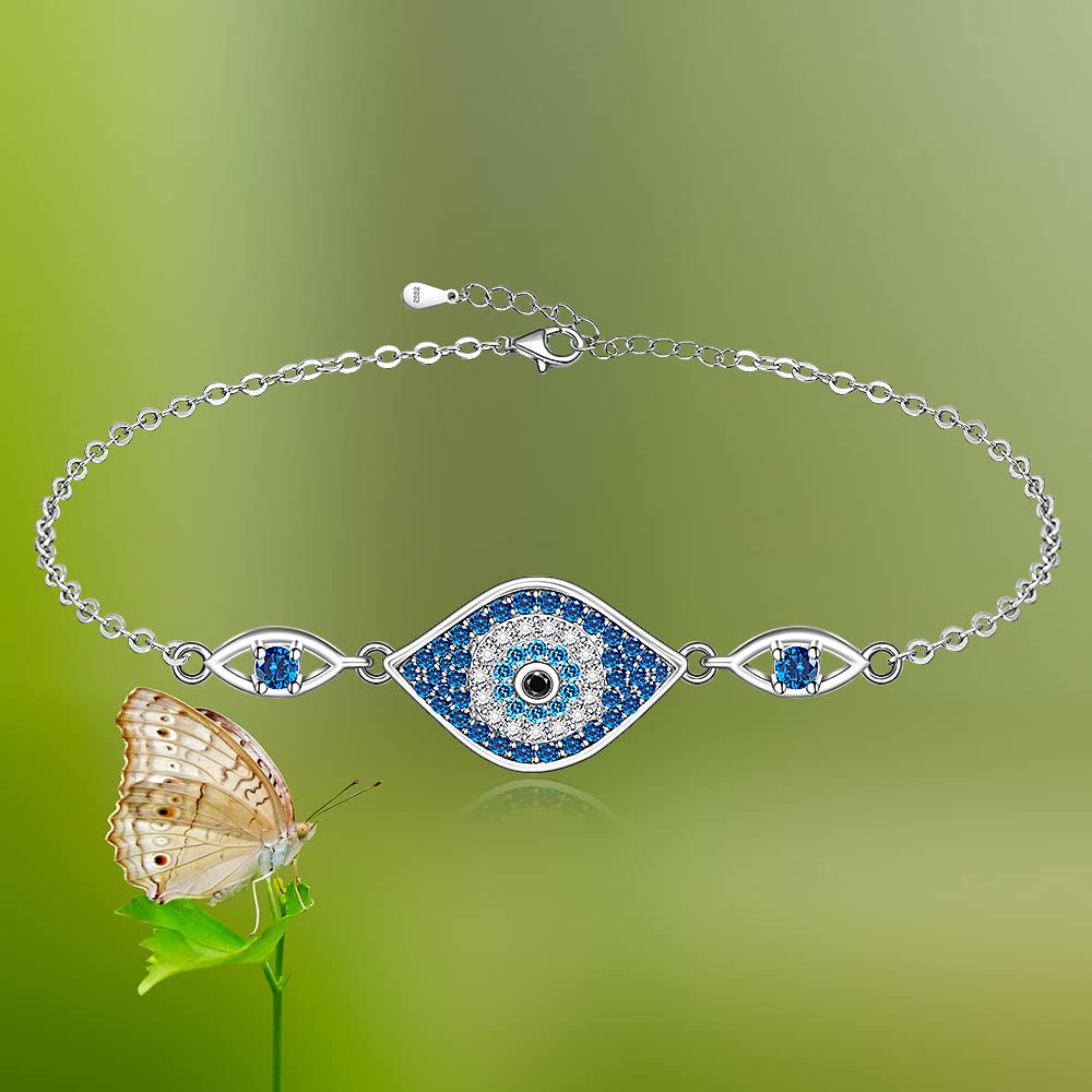 Fenthring Evil Eye Bracelets Sterling Silver Blue Evil Eye Bracelet for Women Protection Greek Turkish Third Eye Jewelry Amulet Mothers Day Gifts
