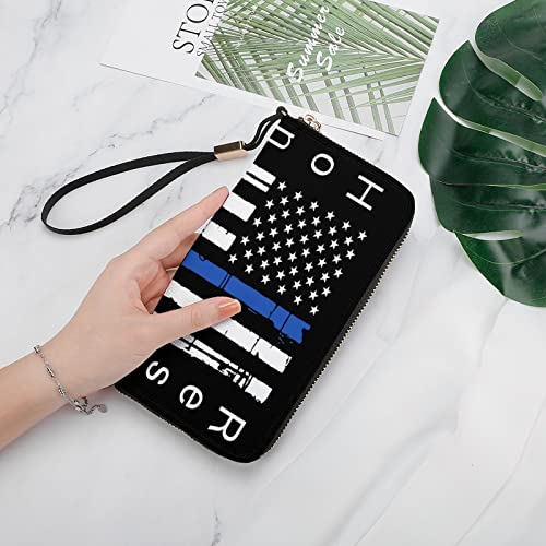 FunnyStar Thin Blue Line American Flag Women's Long RFID Hand Wallet Wristlet Clutch Purse PU Leather Handbag with Wrist Strap