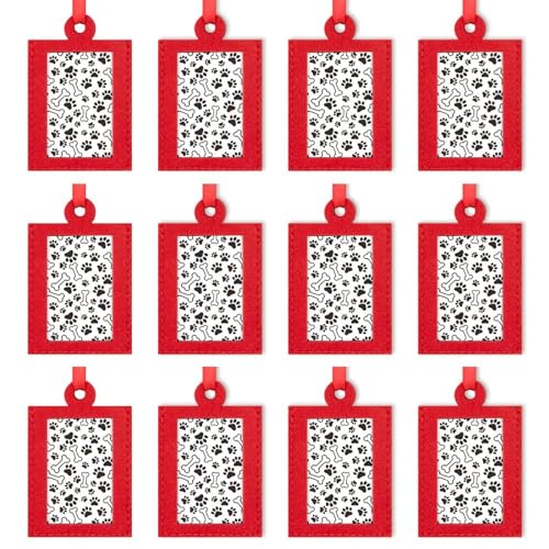 Dog Paw Print Christmas Photo Ornament Frame Red Picture Frame for Xmas Tree Hanging Decoration