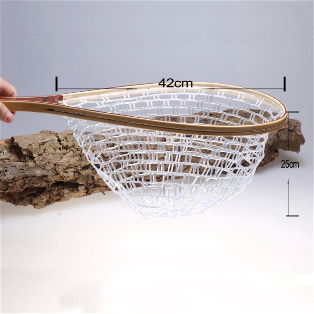 DHLink Wooden Handle Fly Fishing Landing Trout Clear Rubber Net Catch