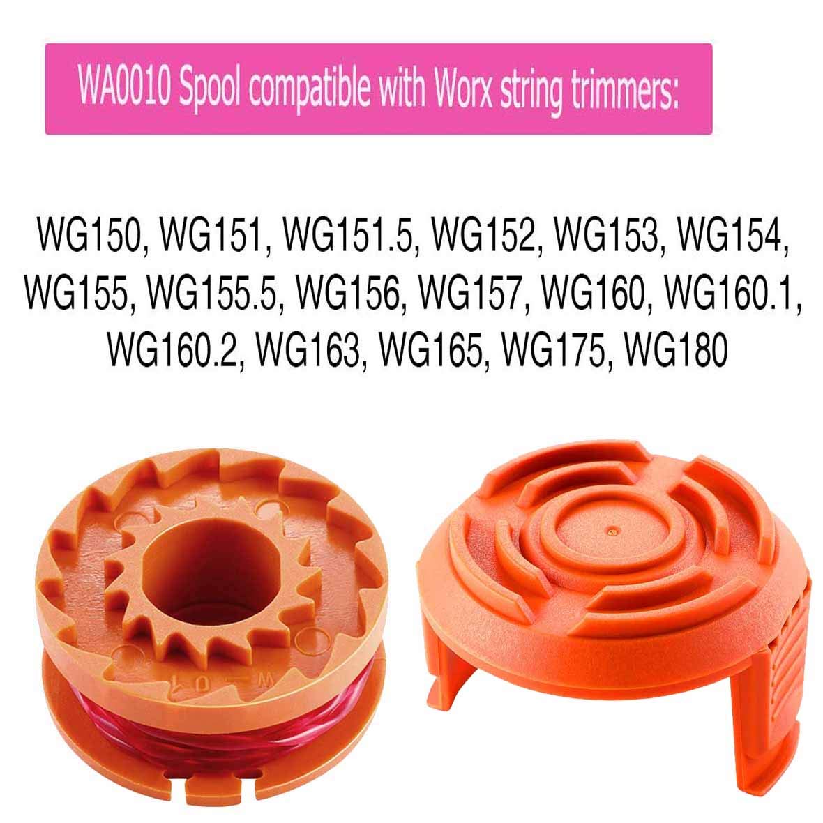 Fyange 10ft 0.065" Line String Trimmer Replacement Spool for Worx WA0010 WG180 WG163 WG175 Electric Trimmer/Edger Weed Eater Line 10ft 0.065 ”+ 2 Pack Spool Cap Covers (8 Spools, 2 Caps)