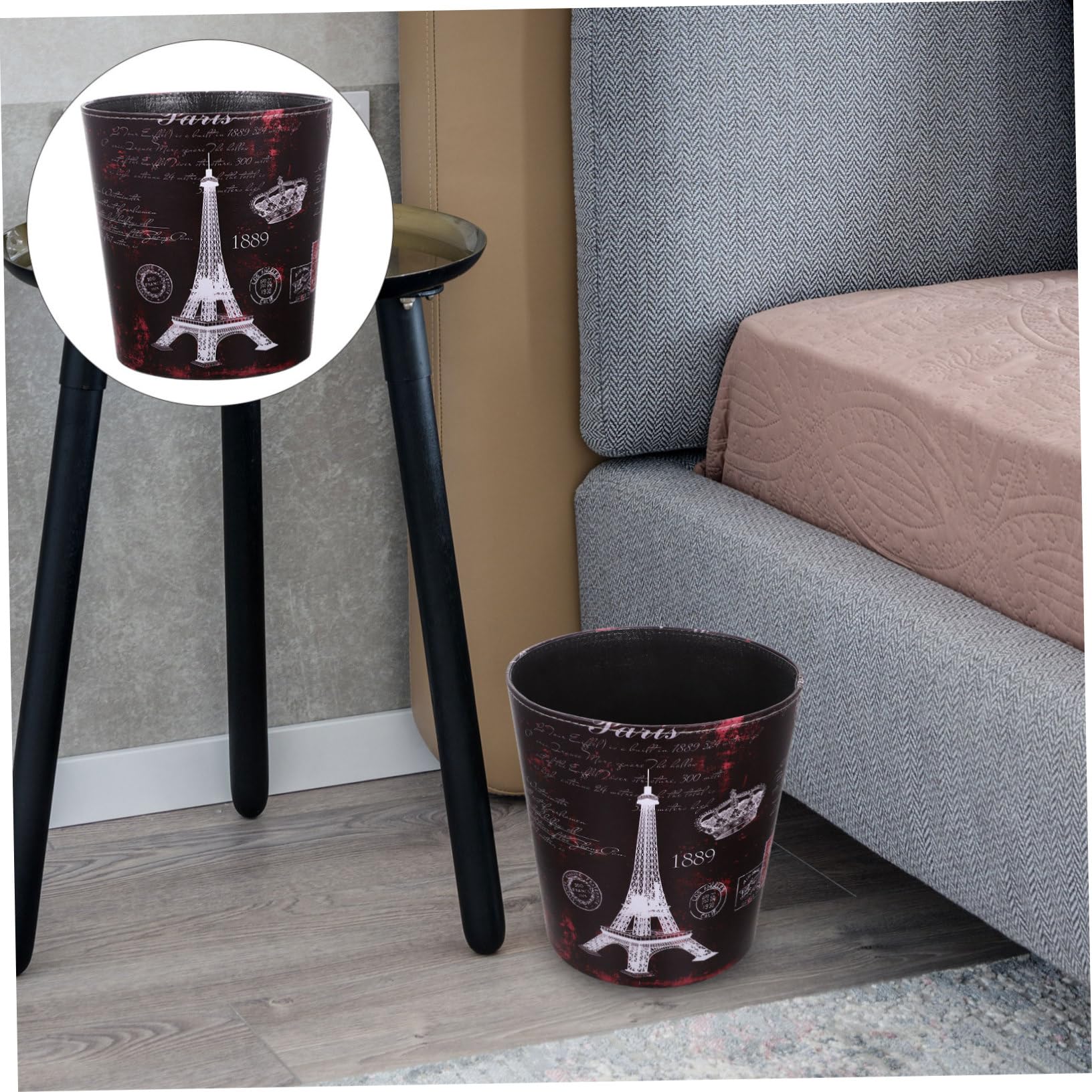 WHAMVOX Garbage Can Waste Paper Basket Metal Trash Can with Lid Decorative Trash Can Rubbish Bin 13 Gallon Trash Can Out The Office Decor Household Trash Can Eiffel Tower Desk Leather