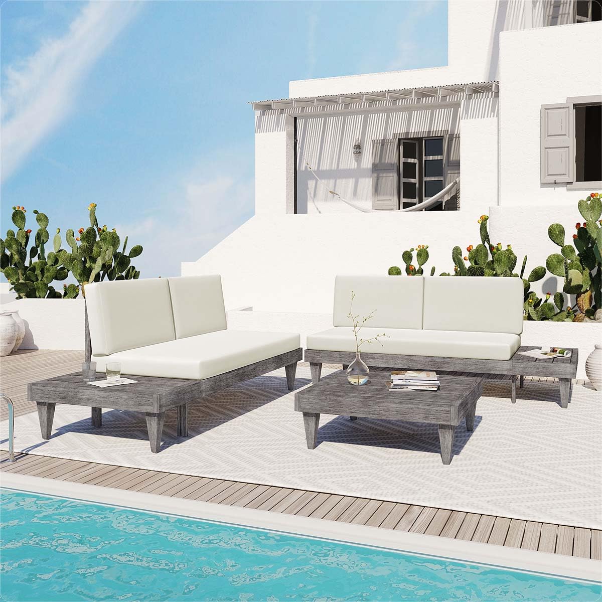 FOURBF 3-Piece Outdoor Patio Furniture Set Solid Wood Sectional Sofa Set with Coffee Table, Patio Conversation Set with Side Table and Cushions, Grey+Beige