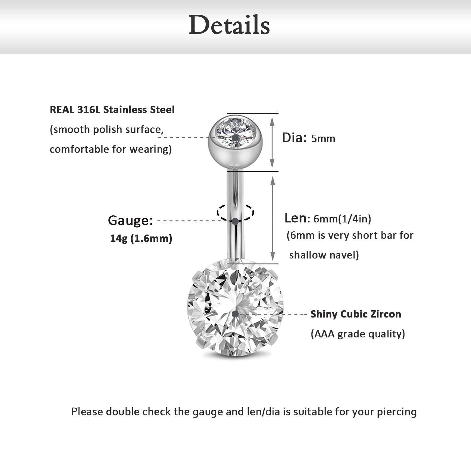 FECTAS 14g Belly Button Rings Surgical Steel CZ with Retainers 6mm Short Barbell for Shallow Navel Ring Women Rose Gold Silver