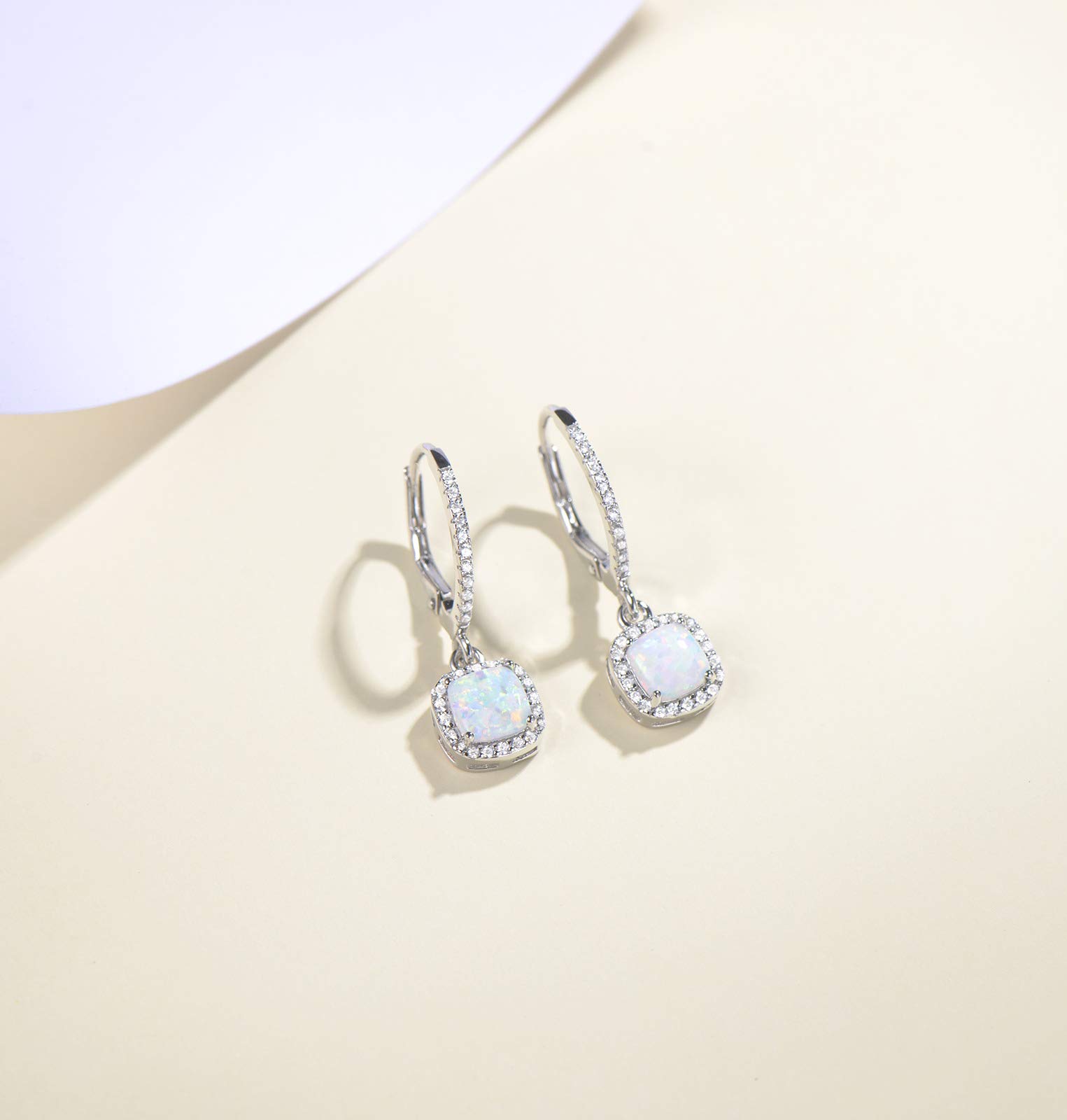 FANCIME Lever Back Earrings Created Opal October Birthstone Earrings Sterling Silver White Fire Opal Halo Cubic Zirconia Square French Back Earrings Jewelry for Women