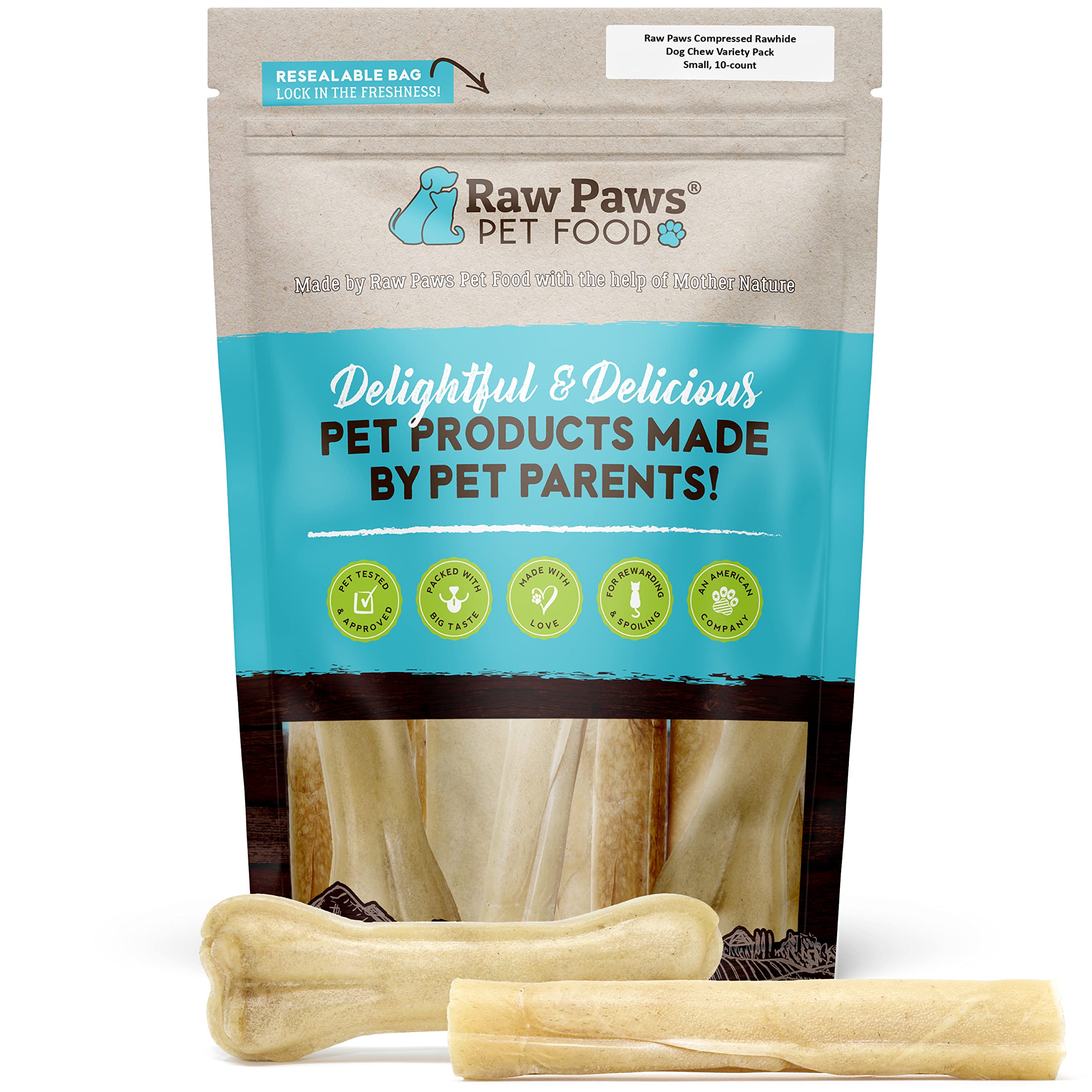 Raw Paws Compressed Rawhide Dog Chew Variety Pack, 10 Pack - 5" Compressed Rawhide Sticks & 4" Bones, Aggressive Chewers Pressed Rawhide Chews Dog Treat Value Pack, Small Dog Deluxe Variety Dog Chews