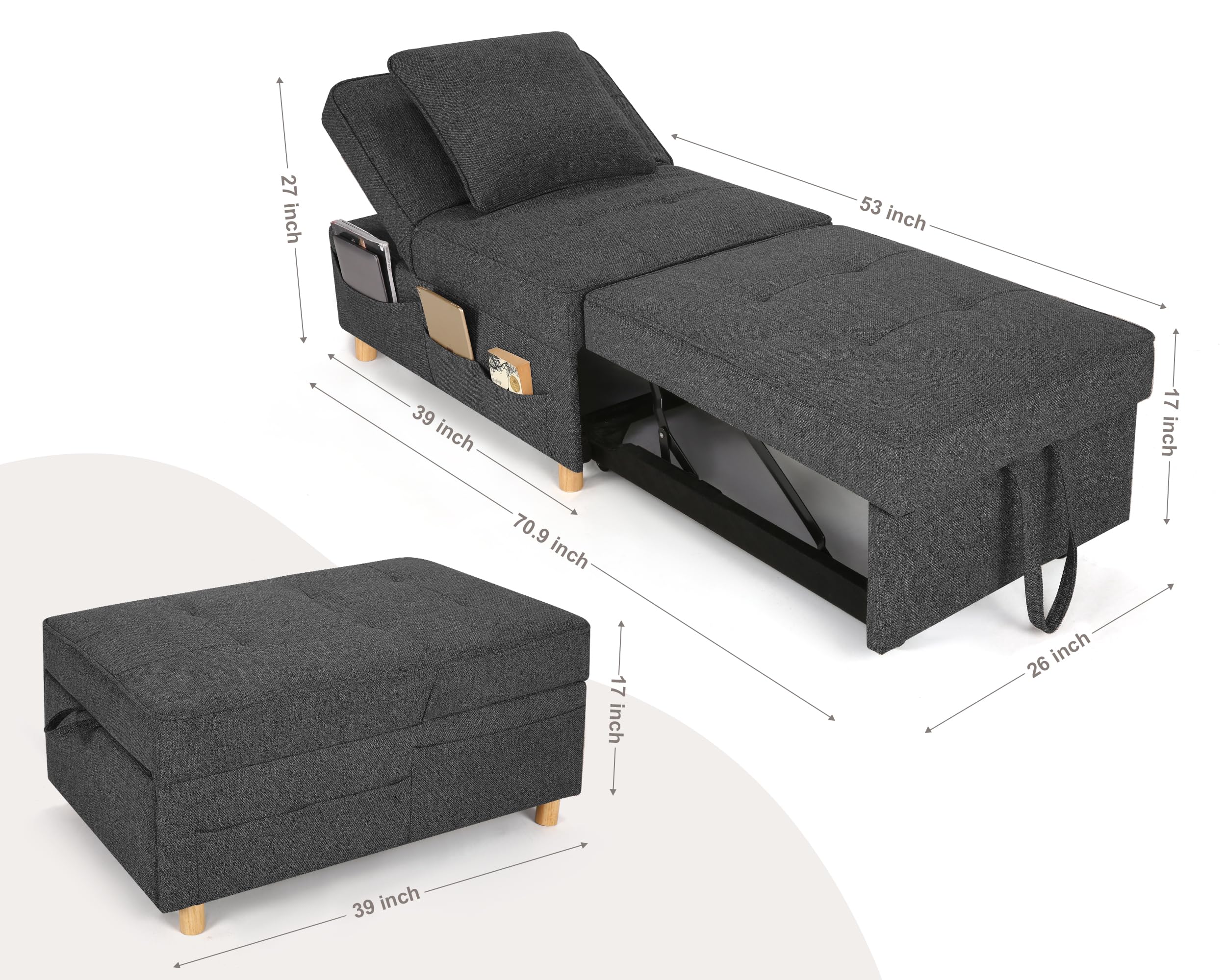 SEJOV Sleeper Sofa Chair Bed,4-in-1 Convertible Sofa Bed Chair with 6 Adjustable Backrest and Pillow, 3-Seat Pull Out Sleeper Chair Linen No Backrest for Bedroom Small Space Living Room, Grey Black