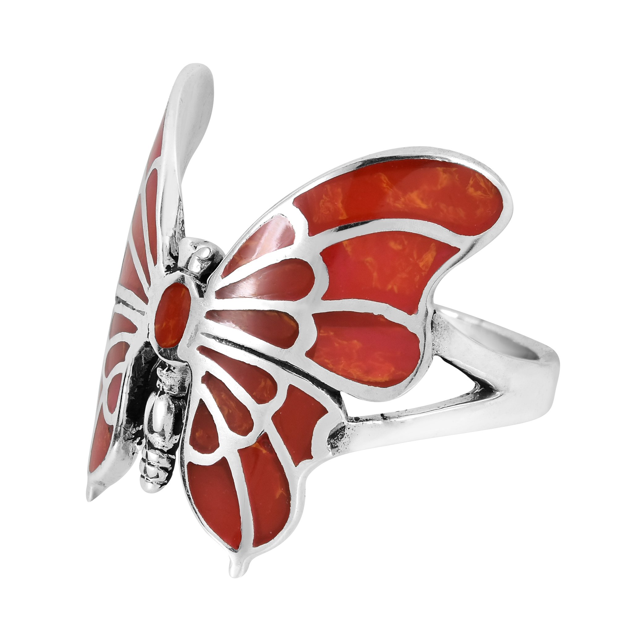 Exotic Graceful Butterfly Reconstructed Red Coral Inlay .925 Sterling Silver Ring (9)