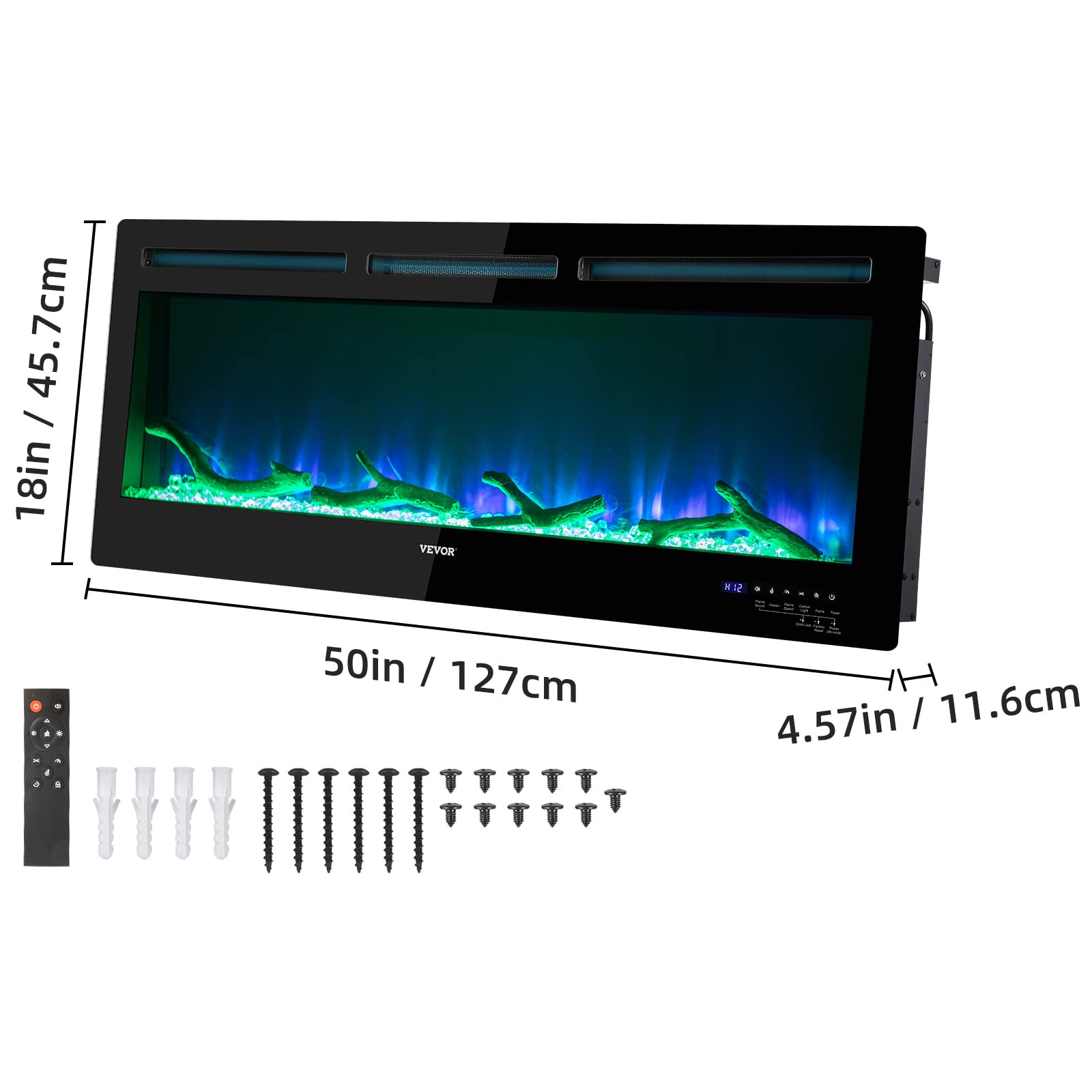 VEVOR Electric Fireplace, 50-inch Wall Mounted and Recessed Fireplace, Fit for 2 x 4 and 2 x 6 Stud, Adjustable Flame Colors and Speed with Remote Control & Timer, Compatible with Alexa, 1500 W, Black